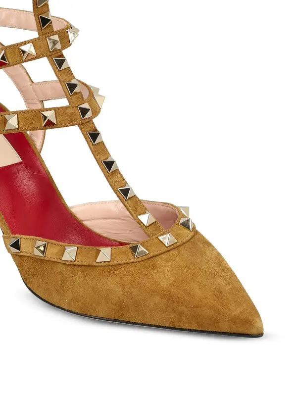 Valentino Garavani Rockstud Pointed Toe Ankle Strap Pumps - Light Brown
