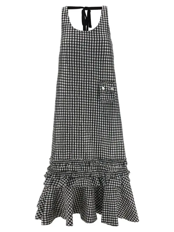 GANNI Crinkled Check Long Dress