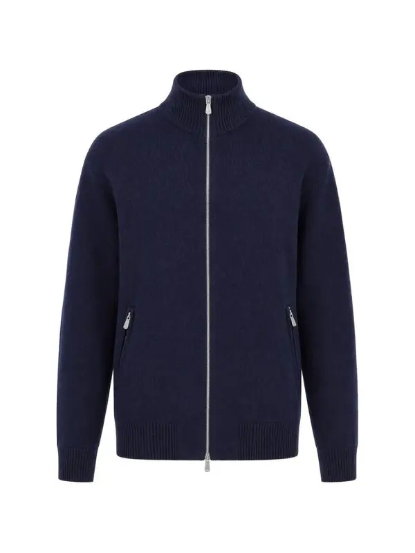Brunello Cucinelli Cashmere Blend High Neck Zip-up Cardigan - Blue