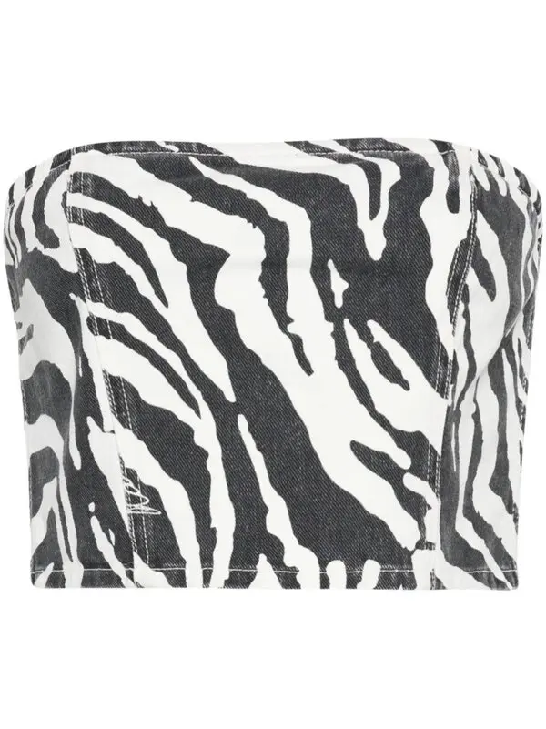 ROTATE BY BIRGER CHRISTENSEN Cotton Denim Zebra Print Strapless Crop Top - Multicolor