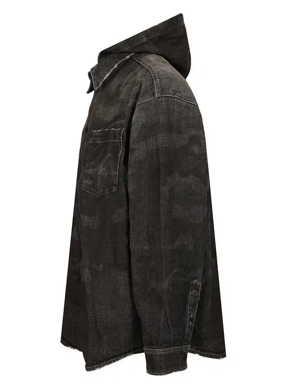 Balenciaga Distressed Denim Parka With Embroidered Logo - Black