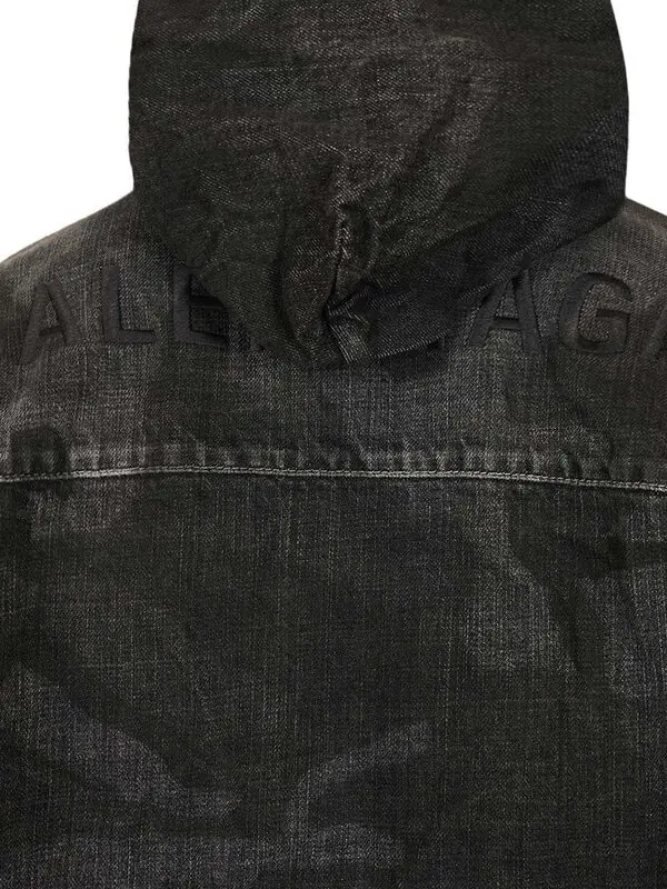 Balenciaga Distressed Denim Parka With Embroidered Logo - Black