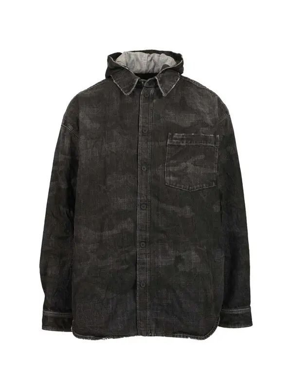 Balenciaga Distressed Denim Parka With Embroidered Logo - Black