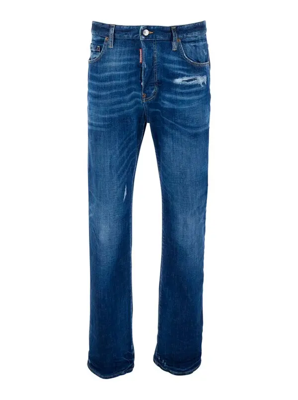 Dsquared2 Blue Jeans With Ripped Details And Logo Patch On The Back In Denim For