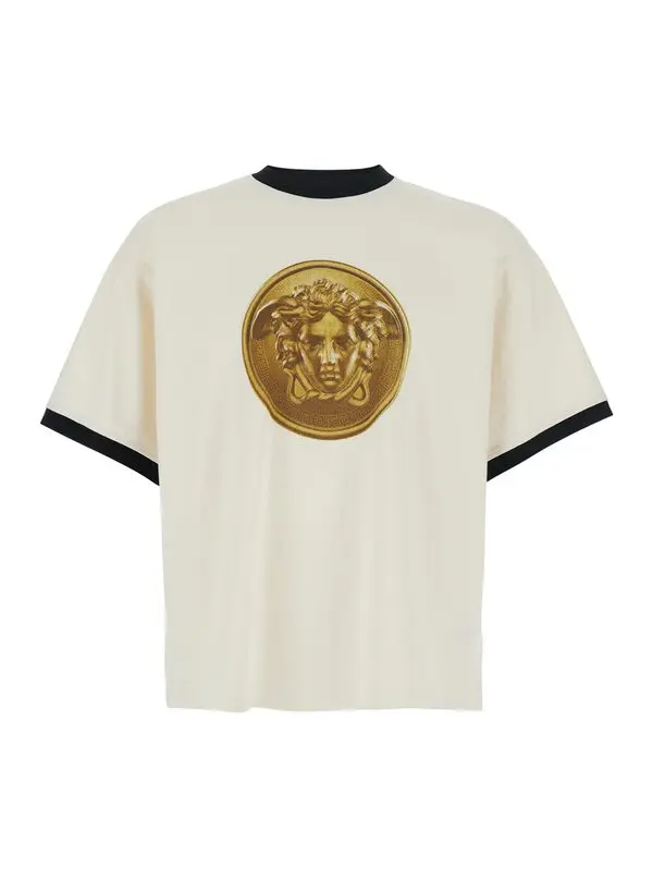 Versace White T-shirt With Mudusa Doblone Print On The Front In Cotton For - Multicolor