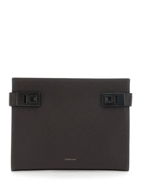 FERRAGAMO Clutch With Hug Side Buckles In Leather - Brown