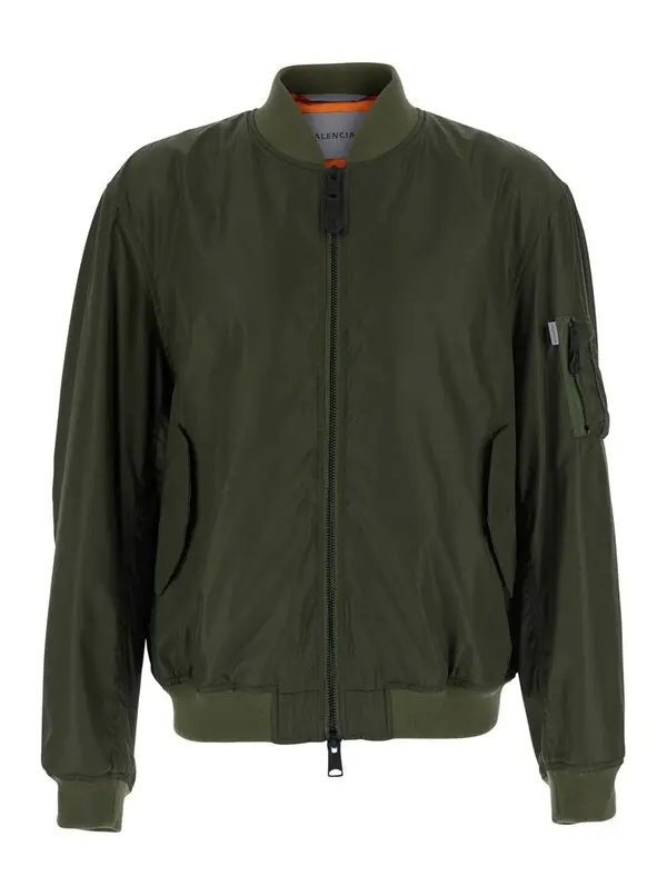 Balenciaga Green Tech Fabric Bomber Jacket With Embossed Logo