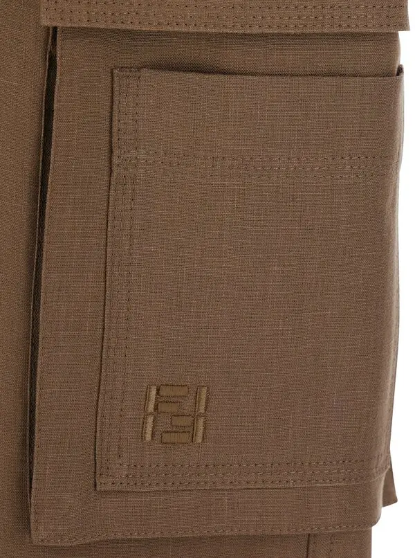 Fendi Linen Cargo Pants With Ff Plate Detail - Multicolor