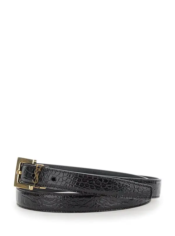 Saint Laurent Thin Belt With Cassandre Detail In Crocodile-embossed Leather - Brown