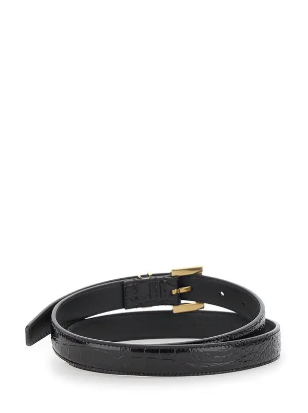 Saint Laurent Thin Belt With Cassandre Detail In Crocodile-embossed Leather - Brown
