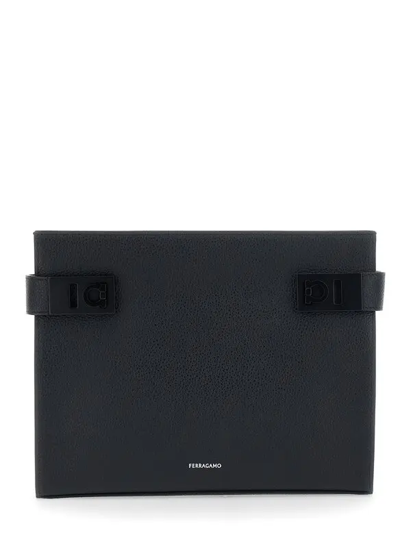 FERRAGAMO Clutch With Hug Side Buckles And Logo In Leather For - Black