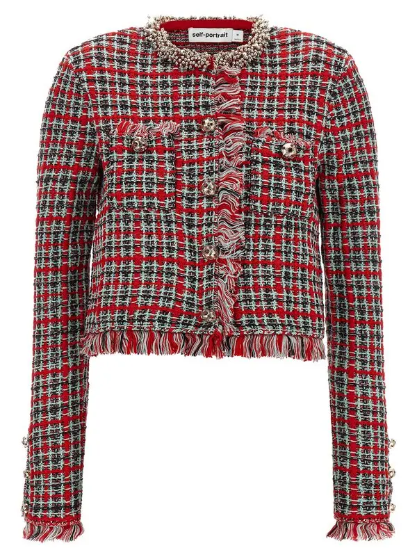 SELF-PORTRAIT Cropped Checked Knit Jacket With Embellished Collar And Fringed Trim - Red