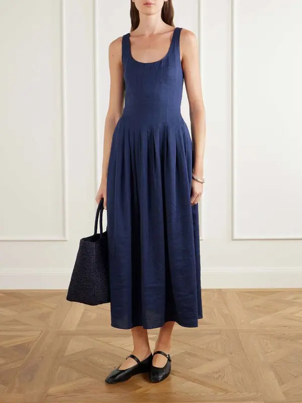 LA LIGNE Pleated Linen-blend Midi Dress