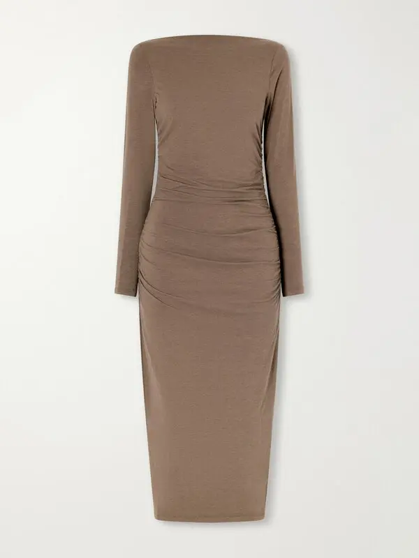 JAMES PERSE Ruched Gathered Cotton-blend Midi Dress - Brown