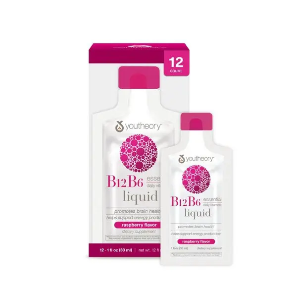 YOUTHEORY B12 B6 Liquid On The Go Raspberry 12 Packets - No Color