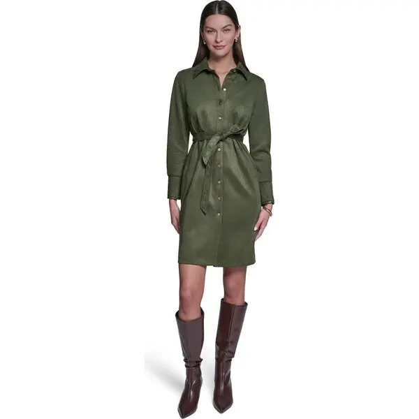 Halston Long Sleeve Suede Shirt Dress - Olive