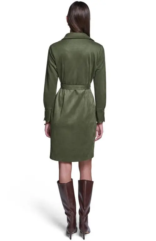 Halston Long Sleeve Suede Shirt Dress - Olive