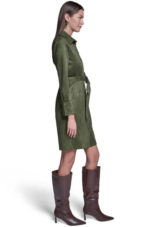 Halston Long Sleeve Suede Shirt Dress - Olive