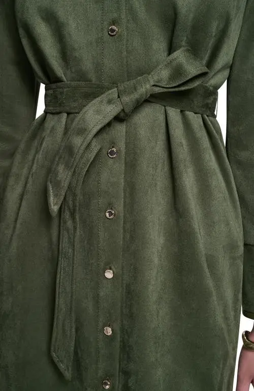 Halston Long Sleeve Suede Shirt Dress - Olive