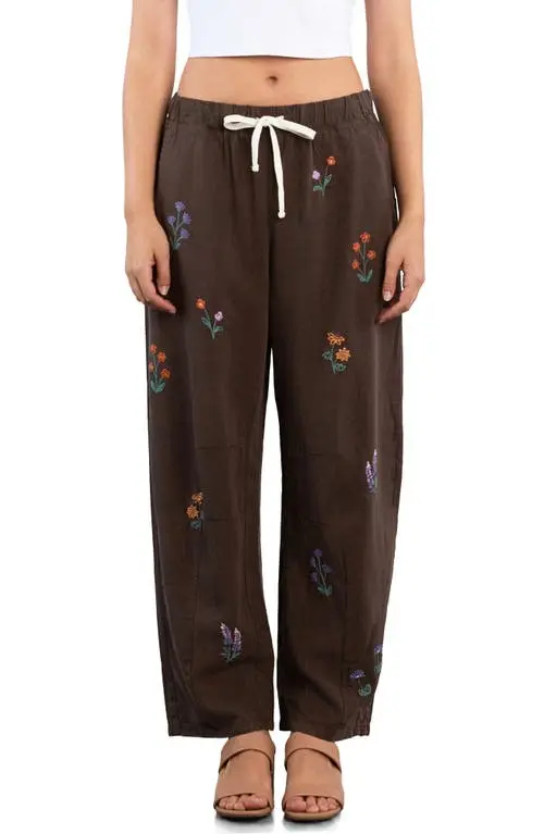 BILLY T Embroidered Floral Barrel Leg Pants - Chocolate Brown