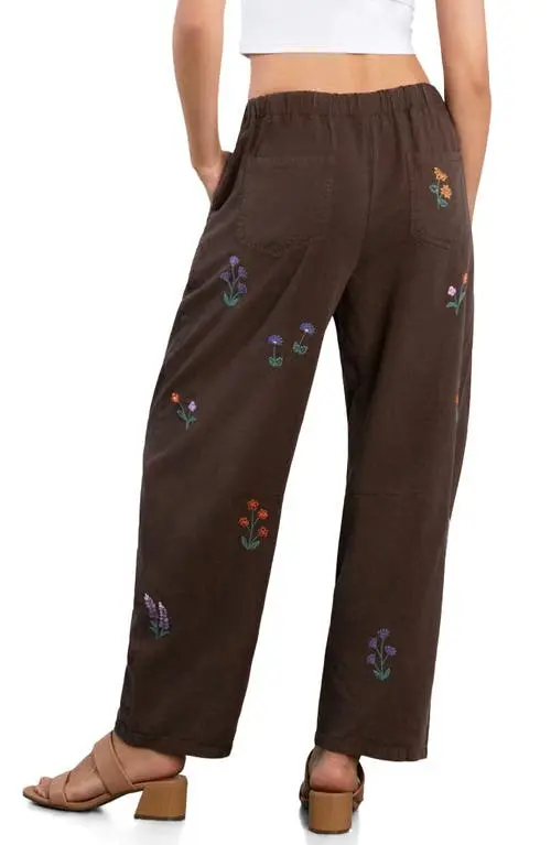 BILLY T Embroidered Floral Barrel Leg Pants - Chocolate Brown