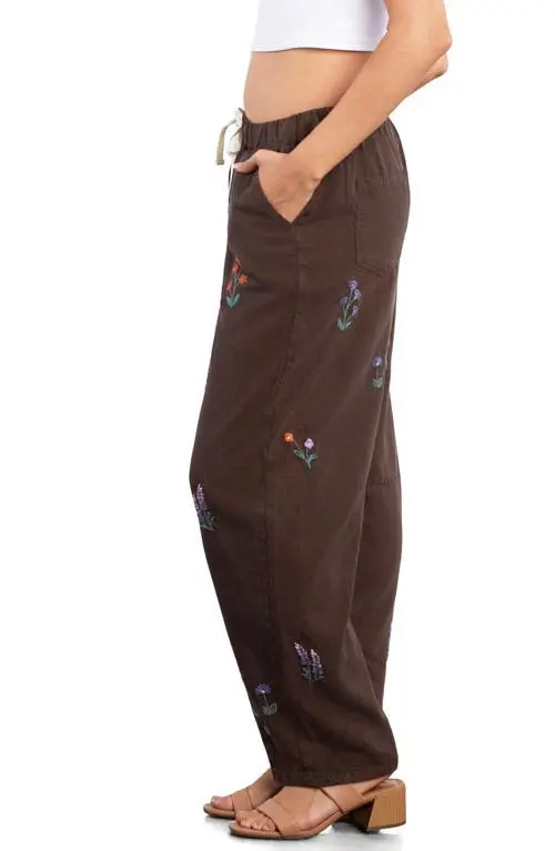 BILLY T Embroidered Floral Barrel Leg Pants - Chocolate Brown