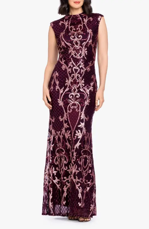 Betsy & Adam Sequin Mock Neck Sleeveless Mermaid Gown