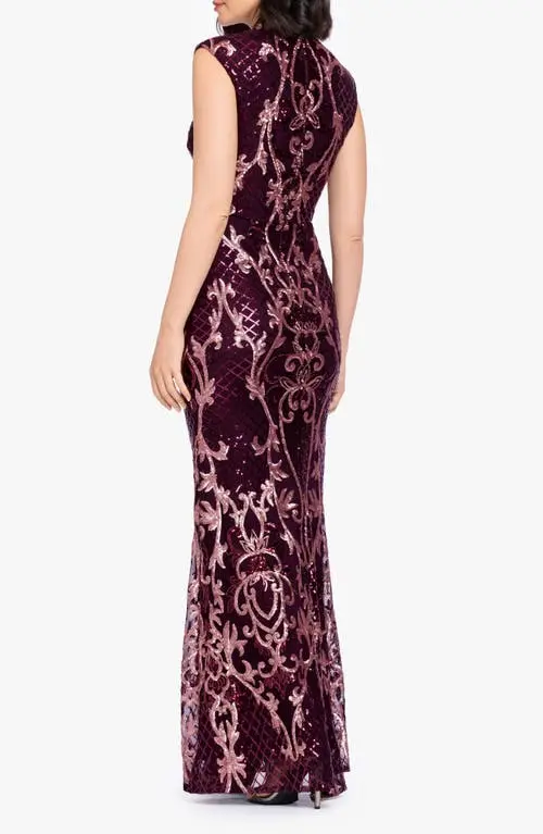 Betsy & Adam Sequin Mock Neck Sleeveless Mermaid Gown