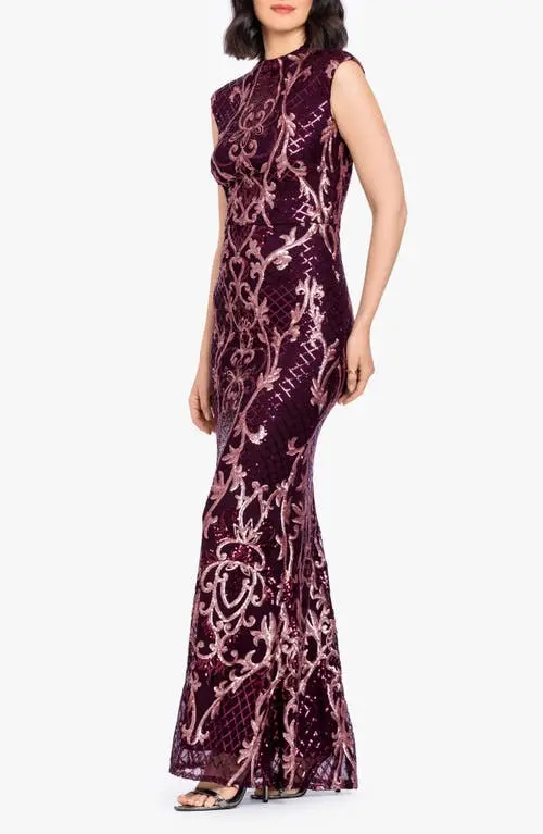 Betsy & Adam Sequin Mock Neck Sleeveless Mermaid Gown