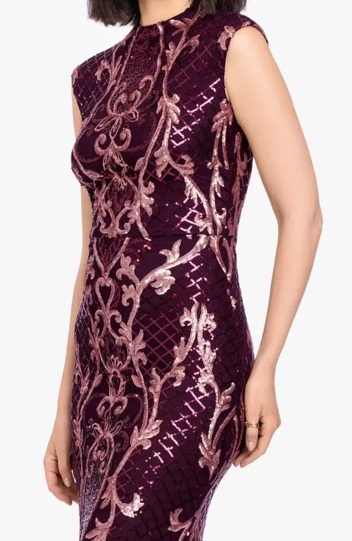 Betsy & Adam Sequin Mock Neck Sleeveless Mermaid Gown