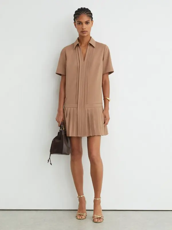 REISS Elena Pleated-skirt Collared Mini Dress