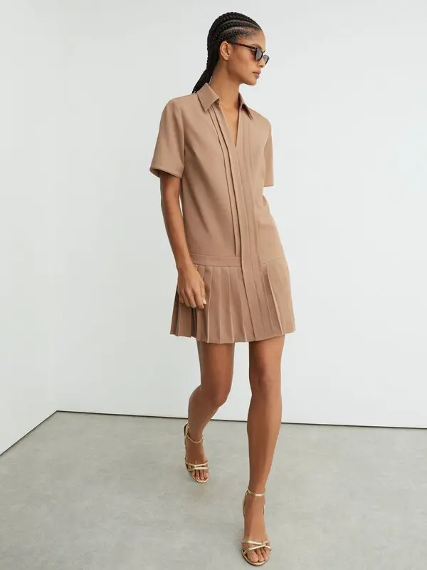 REISS Elena Pleated-skirt Collared Mini Dress