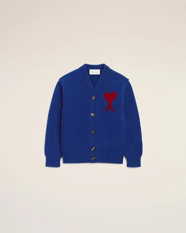 AMI Paris Blue Wool Cardigan - Royal Blue/red