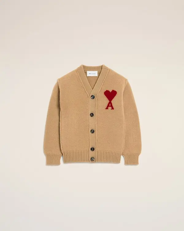 AMI Paris Brown Wool Cardigan With De Coeur Logo - Camel/red