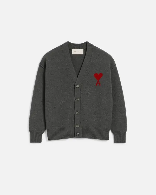 AMI Paris Grey Wool Cardigan With De Coeur Grey - Heather Grey/red