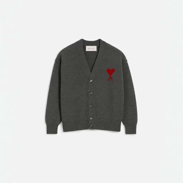 AMI Paris Grey Wool Cardigan With De Coeur Grey