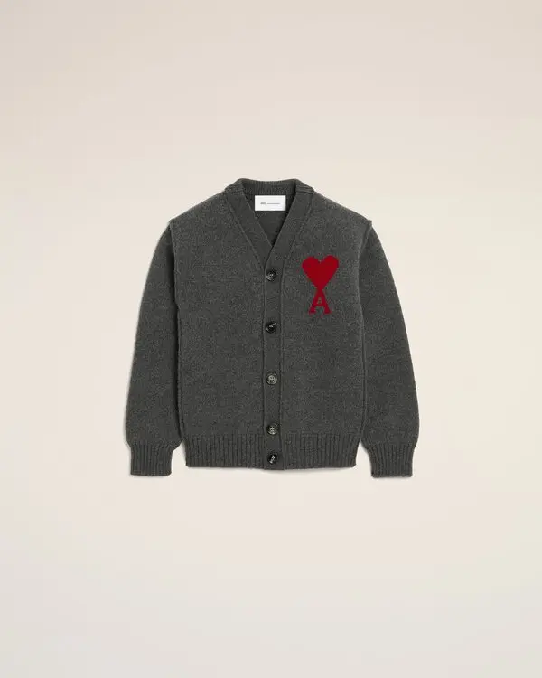AMI Paris Grey Wool Cardigan With De Coeur Logo - Heather Grey/red