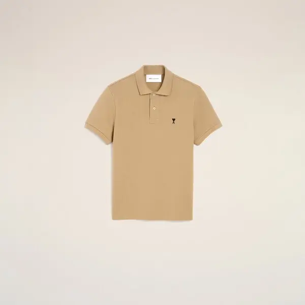 AMI Paris Beige Cotton Polo With De Coeur Beige - Mastic Beige/black