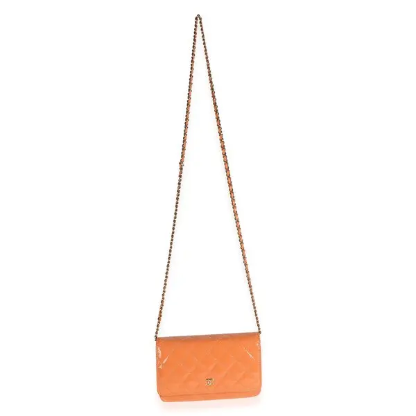 Chanel Quilted Patent Wallet On Chain - Orange