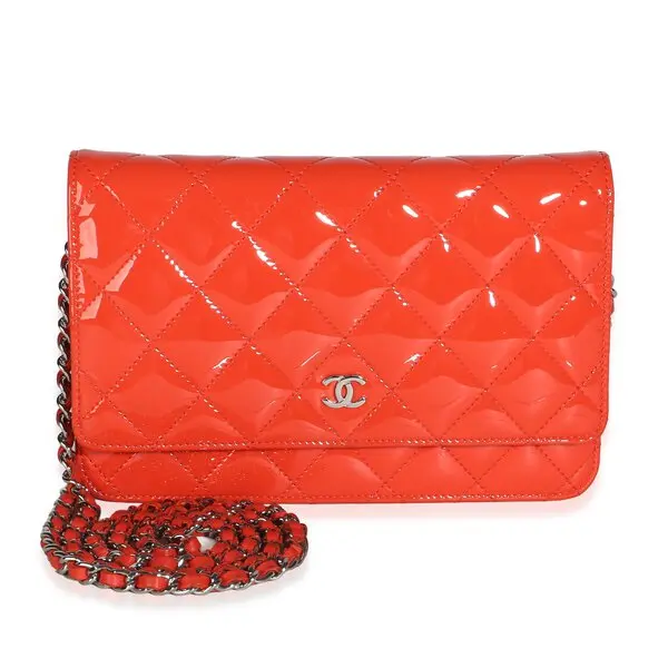 Chanel Quilted Patent Leather Wallet On Chain - Orange