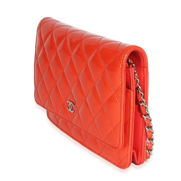 Chanel Quilted Patent Leather Wallet On Chain - Orange