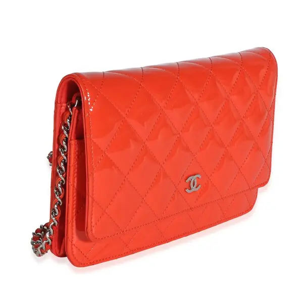 Chanel Quilted Patent Leather Wallet On Chain - Orange
