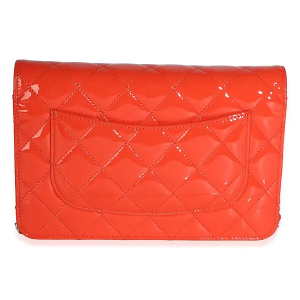 Chanel Quilted Patent Leather Wallet On Chain - Orange