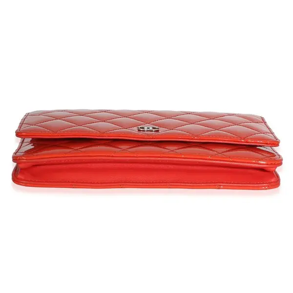 Chanel Quilted Patent Leather Wallet On Chain - Orange