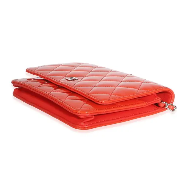 Chanel Quilted Patent Leather Wallet On Chain - Orange