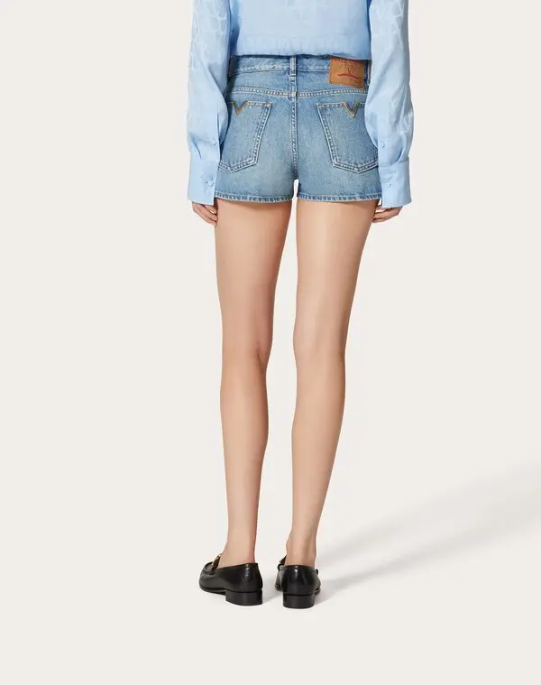 Valentino Garavani Logo Patch Straight Hem Denim Shorts