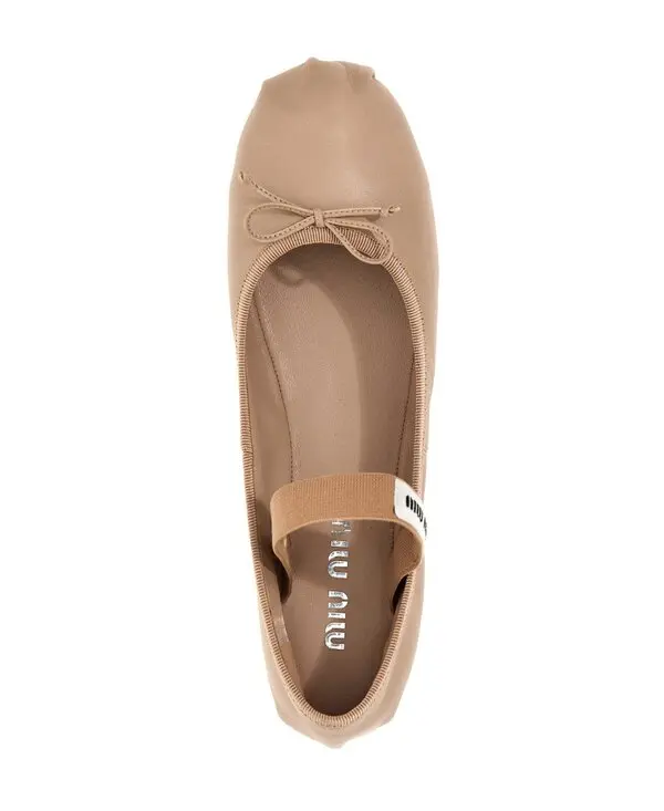Miu Miu Logo-printed Bow Detailed Ballerina Shoes - Nude