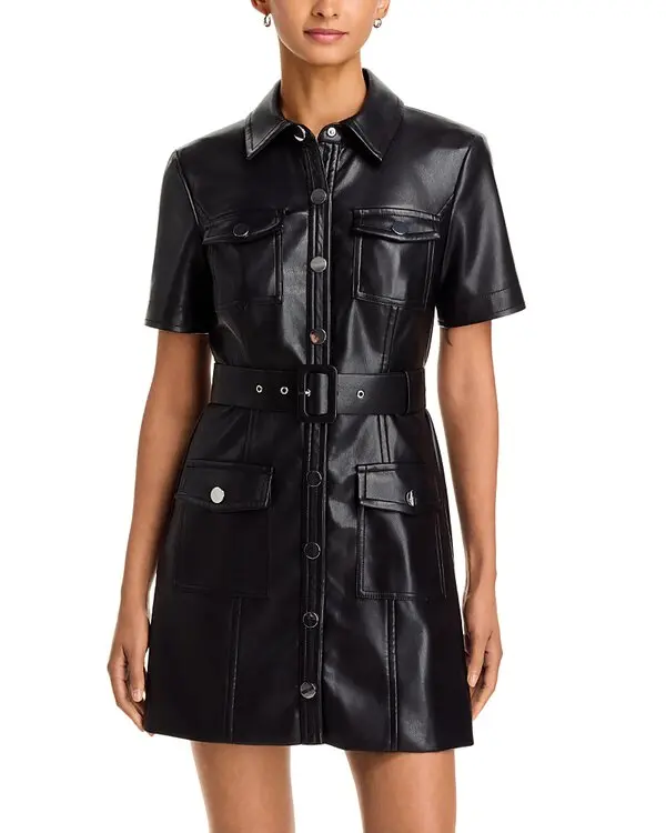 TOCCIN Lydia Belted Faux Leather Mini Dress - Jet
