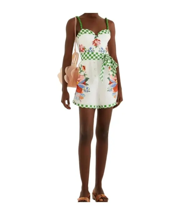 Farm Rio Calm Breeze Floral-print Playsuit With Beaded Straps