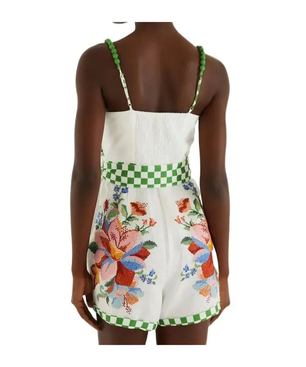 Farm Rio Calm Breeze Floral-print Playsuit With Beaded Straps